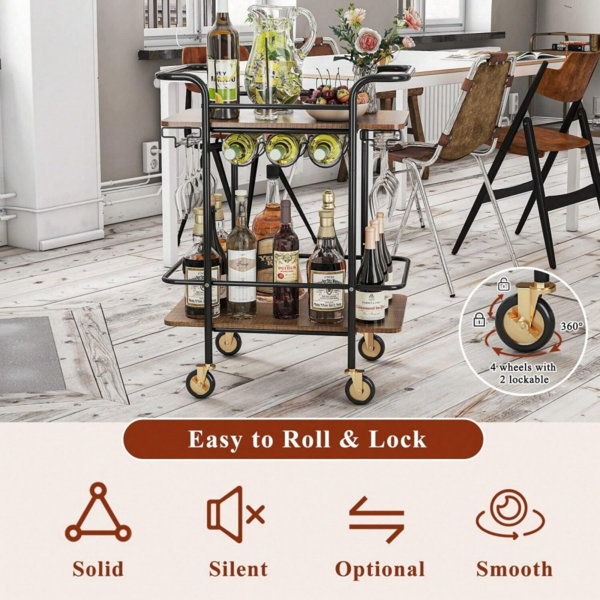 17 Stories 2 Tier Bar Cart With Wheels, Serving Cart With Wheels And 2 Handle, Outdoor Bar Cart ...